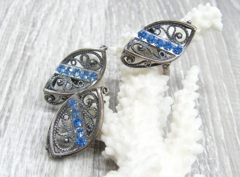Russian filigree jewelry set ring earrings baby blue crystal | Etsy