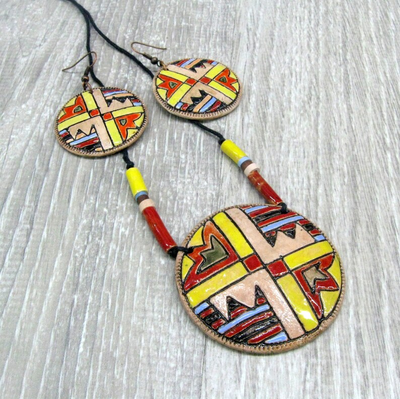 Ceramic jewelry Ethnic earrings and pendant Aztec inspired | Etsy