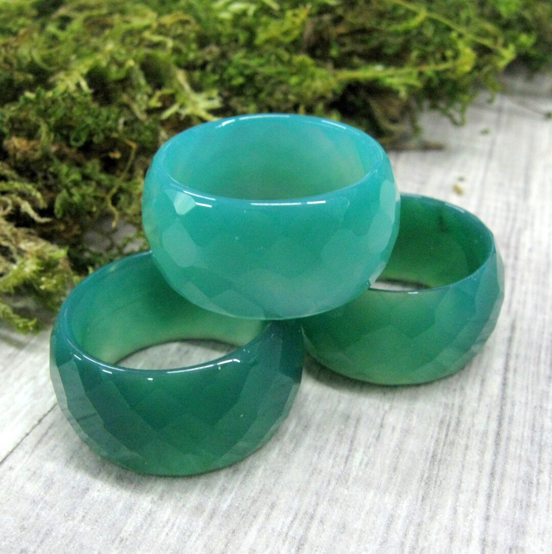 Solid Gemstone Ring Green Agate Wide Faceted Band Carved Stone Ring ...