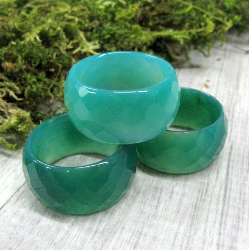 Solid Gemstone Ring Green Agate Wide Faceted Band Carved Stone - Etsy