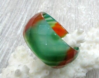 Solid Gemstone Ring Green Agate Wide Faceted Band Carved Stone | Etsy