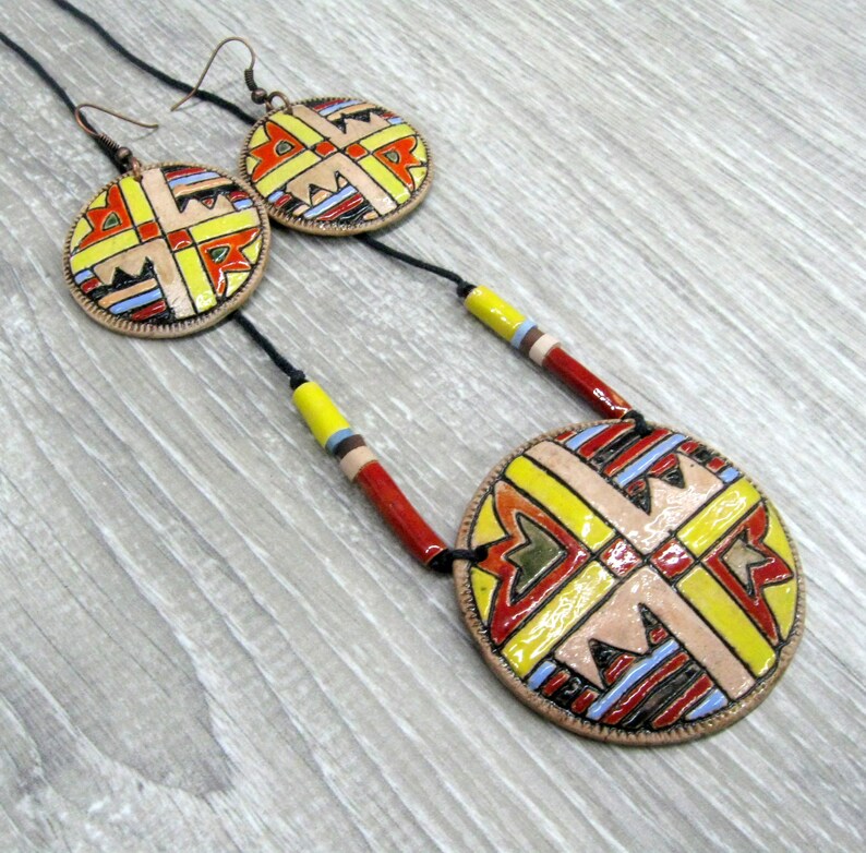 Ceramic jewelry Ethnic earrings and pendant Aztec inspired | Etsy