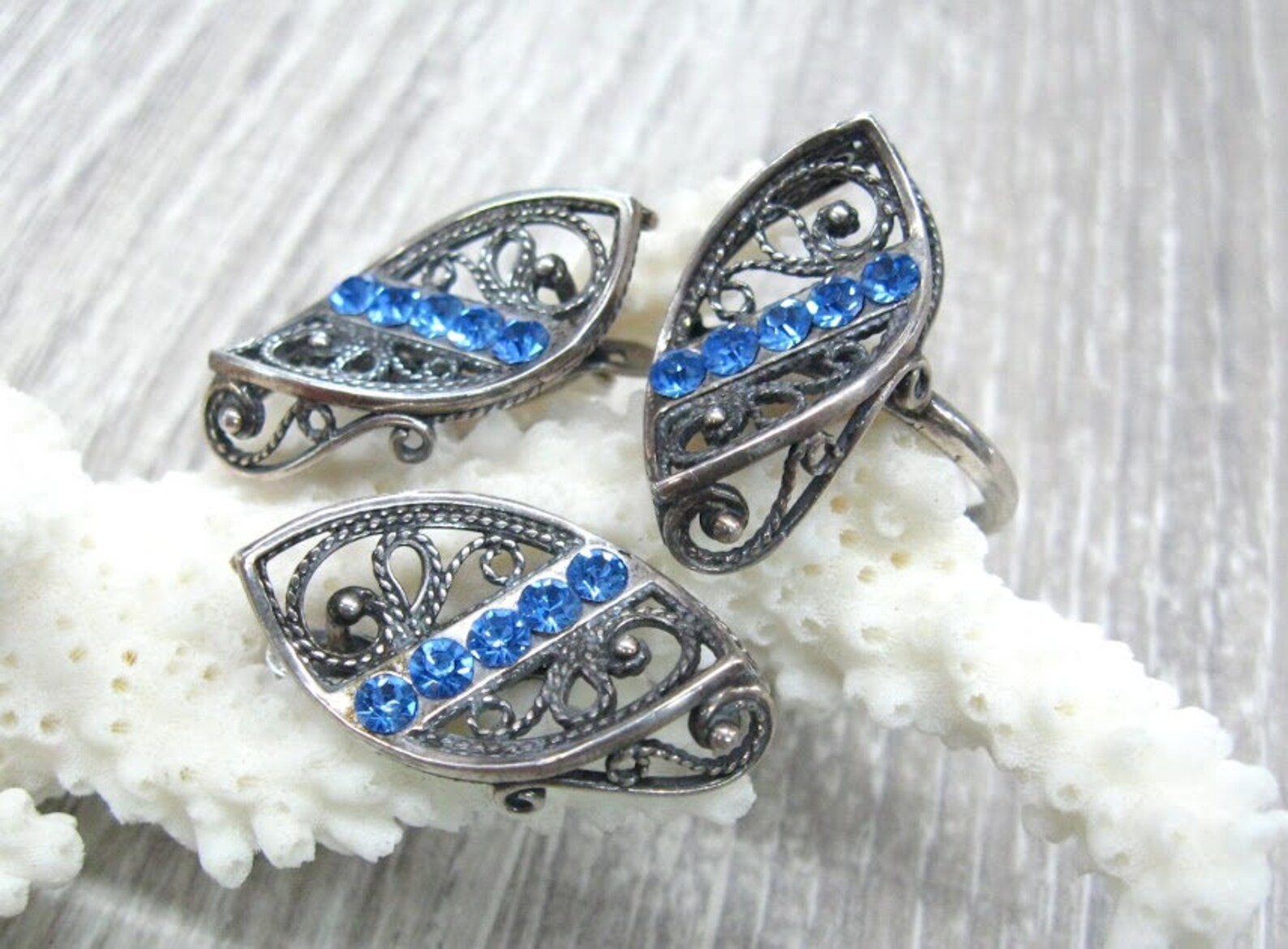 Russian Filigree Jewelry Set Ring Earrings Baby Blue Crystal - Etsy