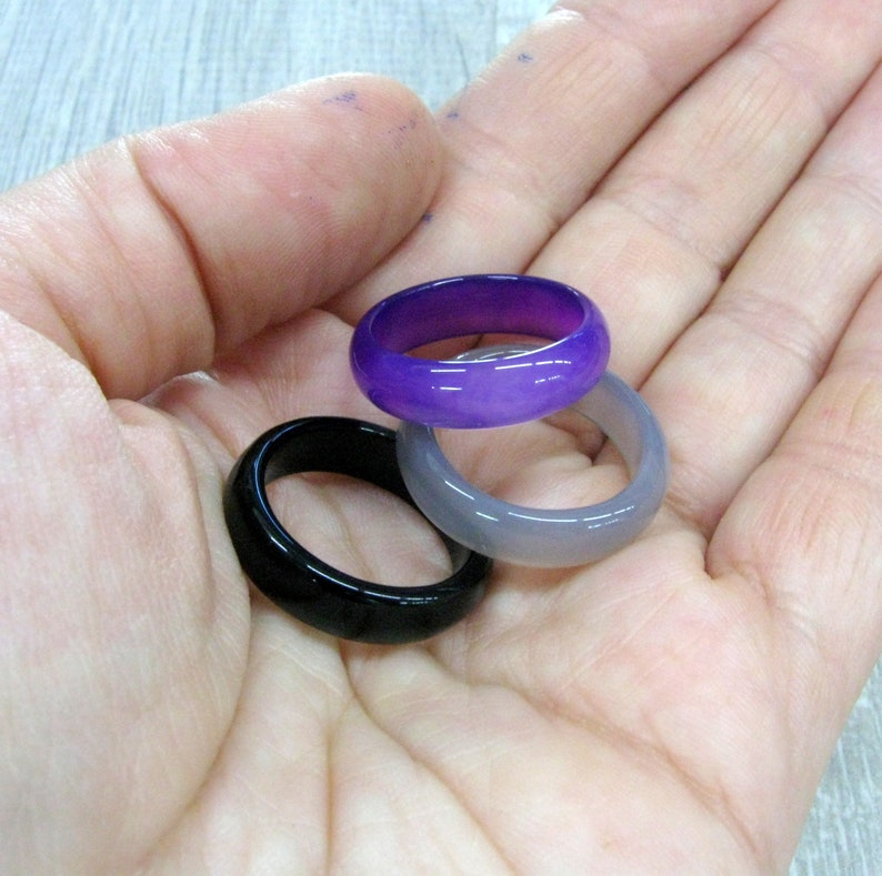 Asexual Pride Ring Set of 3 Black Onyx Gray Purple Agate Stacking Rings Size 6 7 8 9 Carved ...