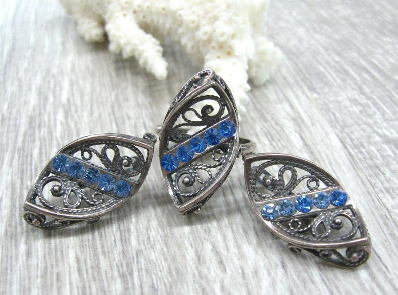 Russian filigree jewelry set ring earrings baby blue crystal | Etsy