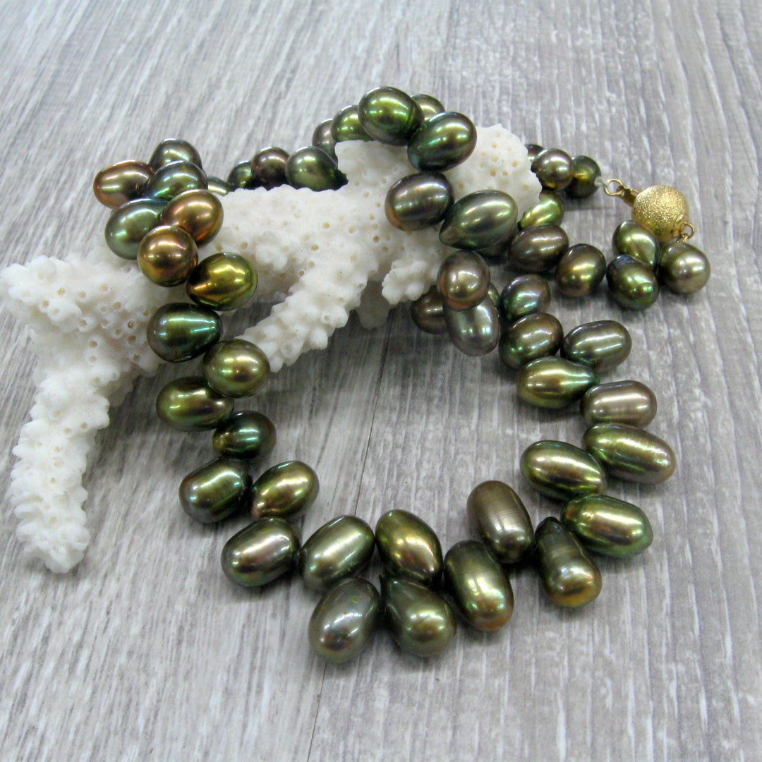 Olive Forest Green Baroque Teardrop Pearl Necklace 16 1/2 Inches Strand ...
