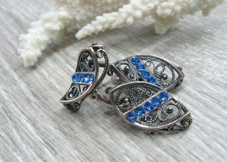 Russian filigree jewelry set ring earrings baby blue crystal | Etsy