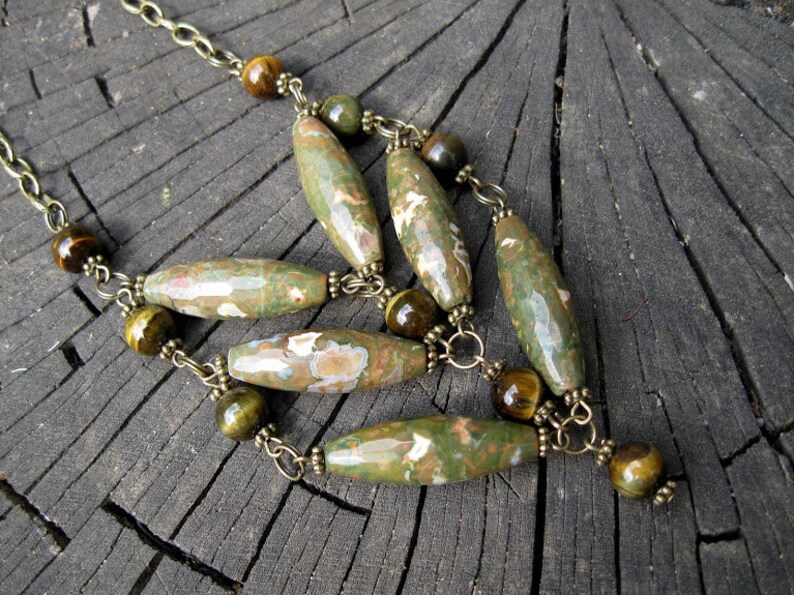 Forest Green Jasper Rustic Necklace Brass Chain Tiger's Eye Accents Rye ...