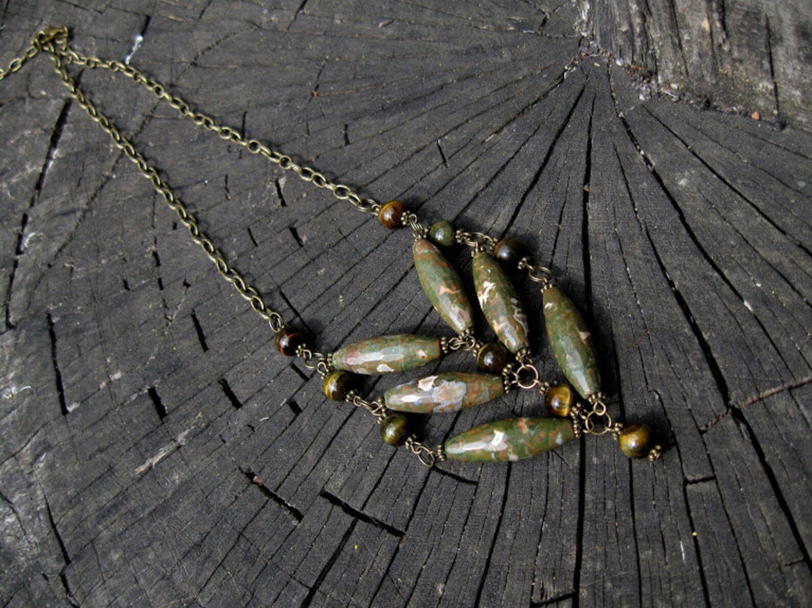 Forest Green Jasper Rustic Necklace Brass Chain Tiger's Eye Accents Rye ...