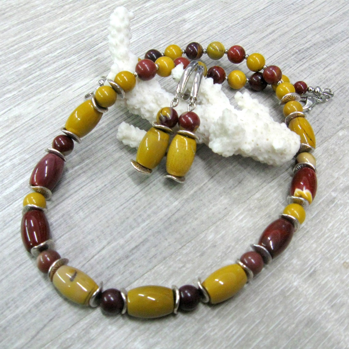 Natural Mookaite Jasper Necklace Beads Strand and Earrings Brown Red ...