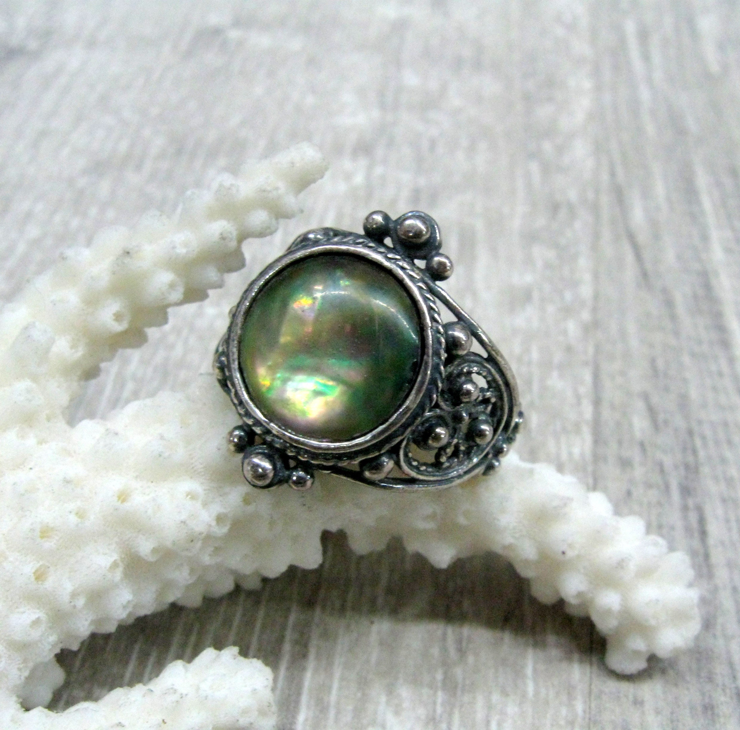 Vintage Abalone ring size 9 and earrings jewelry set Rainbow | Etsy