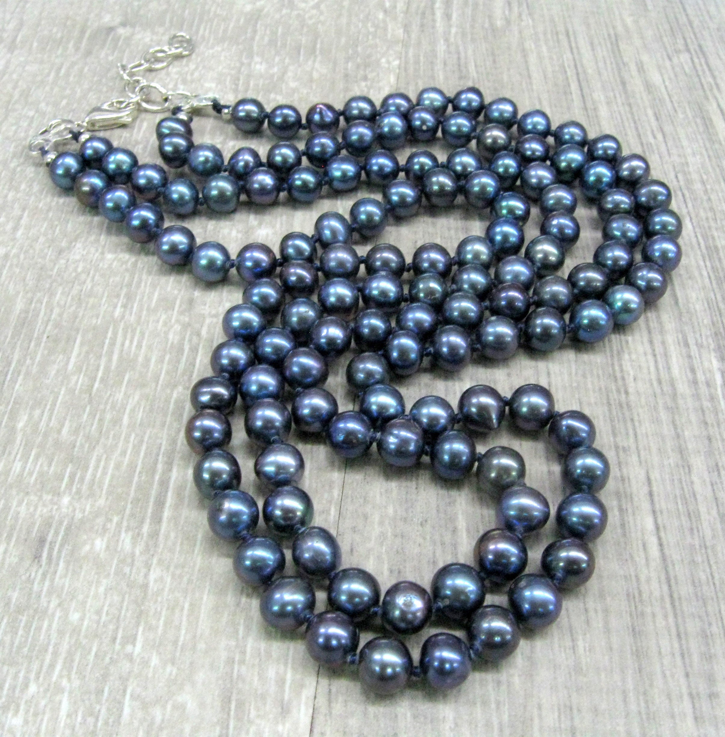 Navy Blue peacock pearls Double strand necklace dark pearl | Etsy