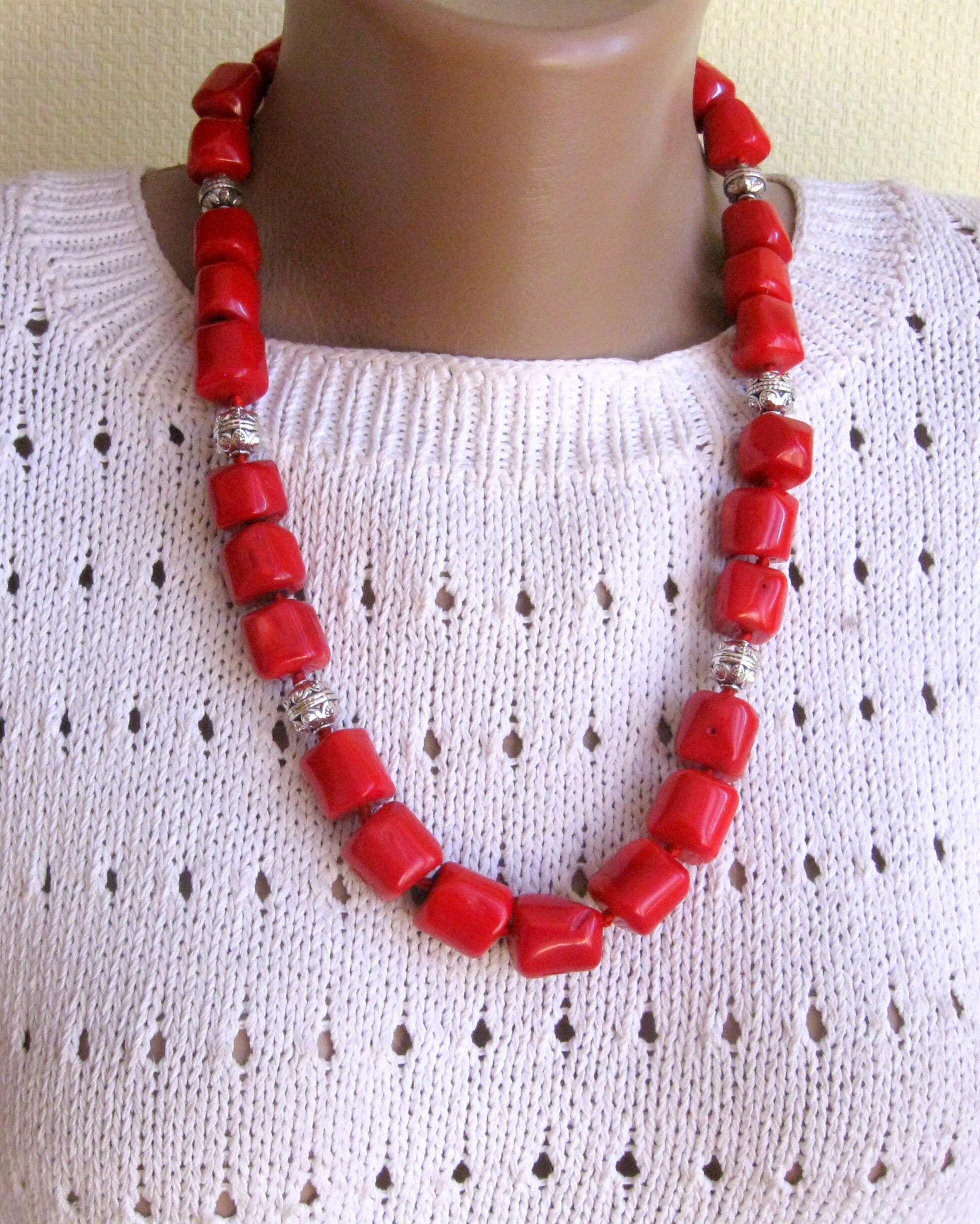 Natural Red Coral Necklace 22 inches chunky strand large | Etsy