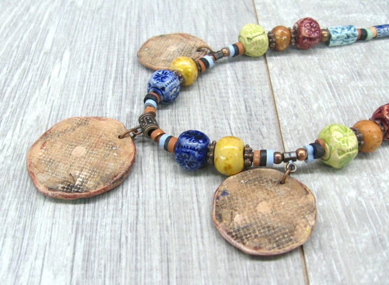 Artisan Ceramic Jewelry Set Disc Necklace and Round Earrings Boho Gypsy ...