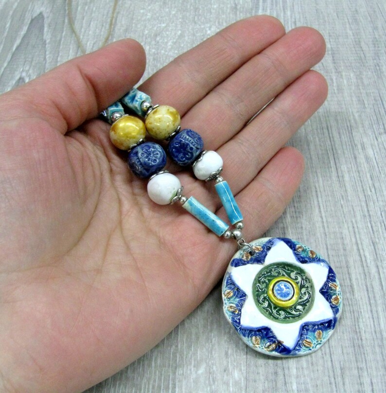 Slavic Artisan Ceramic Jewelry Blue and White Ceramic Necklace | Etsy