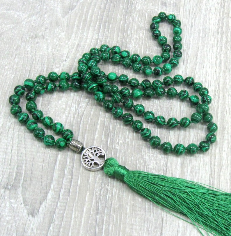 Green Malachite 108 Bead Mala Tree of Life Buddhist Mantra Prayer Beads ...