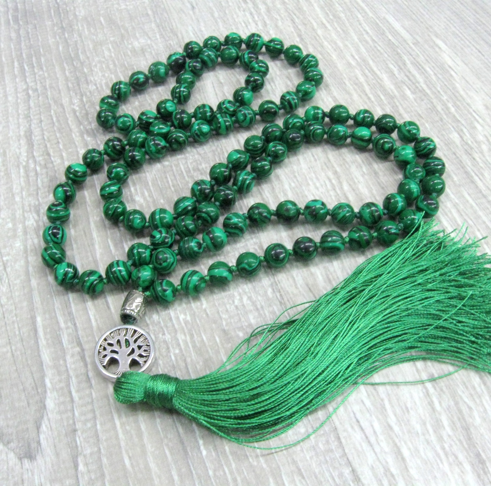 Green Malachite 108 Bead Mala Tree of Life Buddhist Mantra Prayer Beads ...