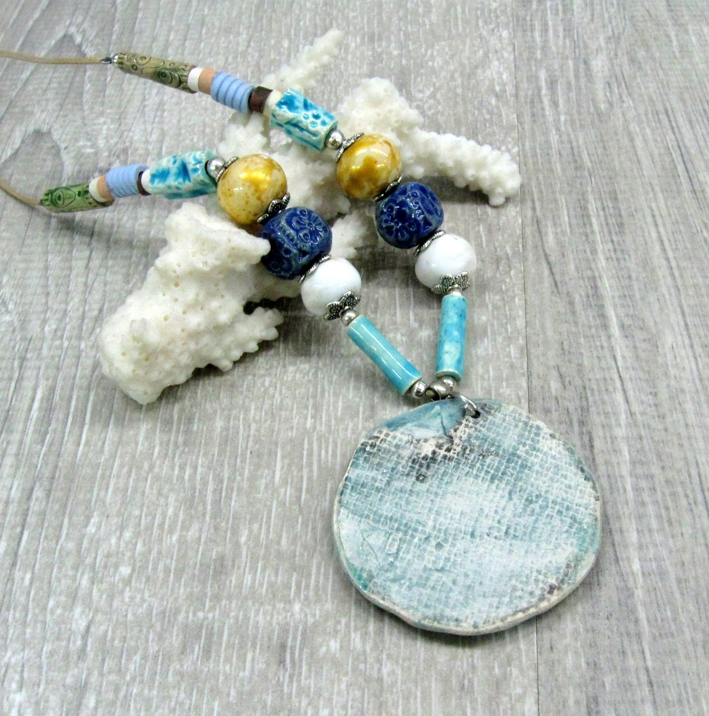 Slavic Artisan ceramic jewelry Blue and white ceramic necklace | Etsy