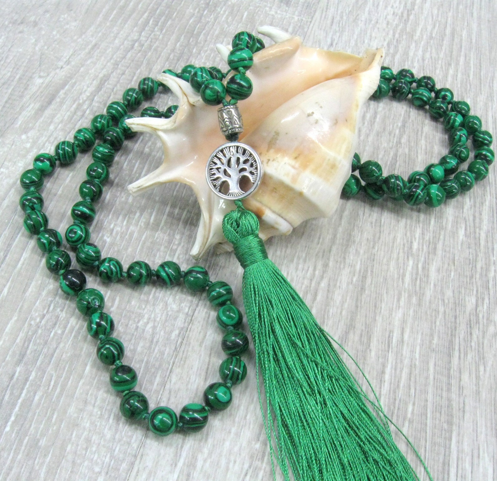 Green Malachite 108 Bead Mala Tree of Life Buddhist Mantra Prayer Beads ...