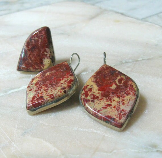 Set Ring Earrings Red Jasper Natural Gemstone Russian vintage | Etsy