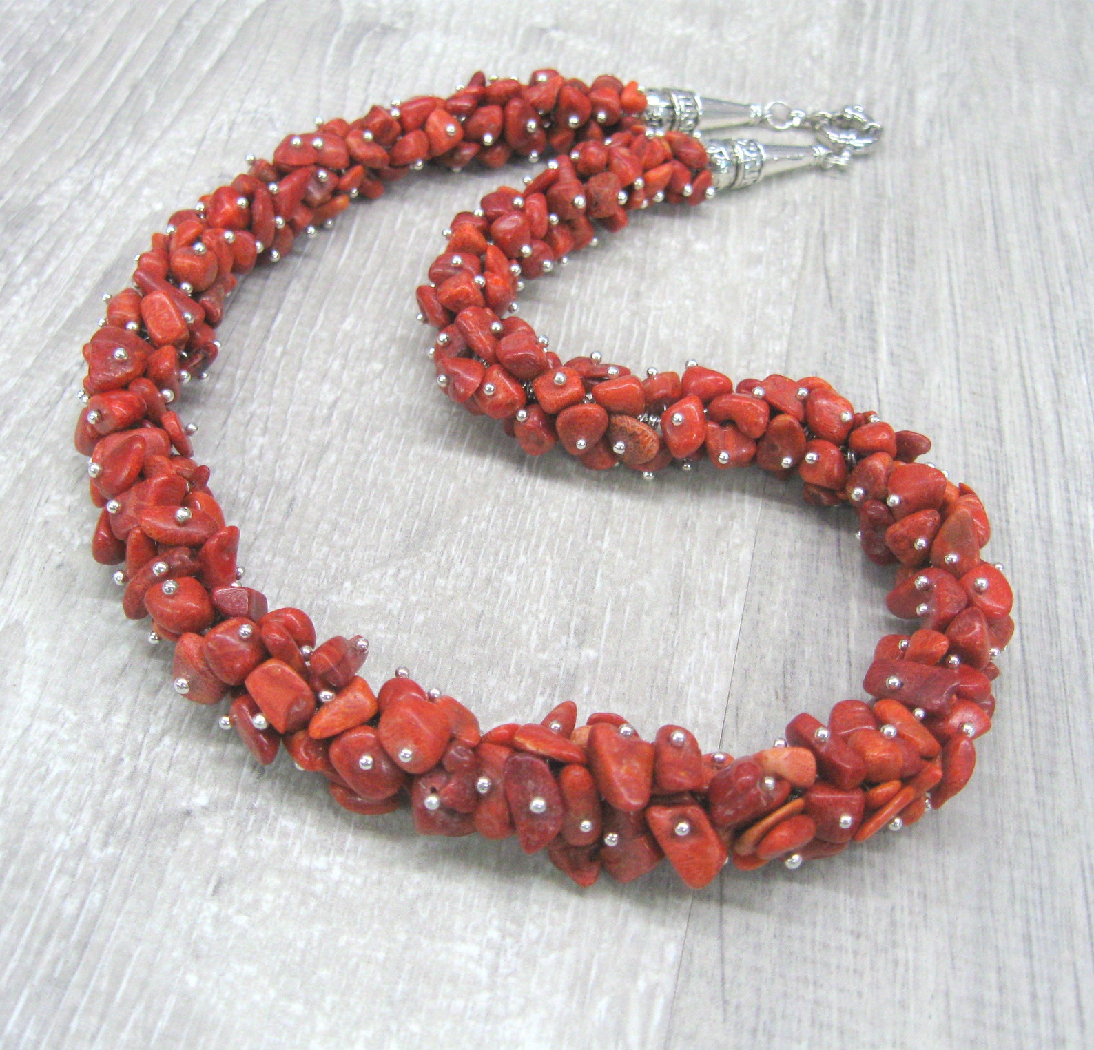Chunky Red Coral Necklace Natural Sponge Coral Chips Beaded Cluster ...