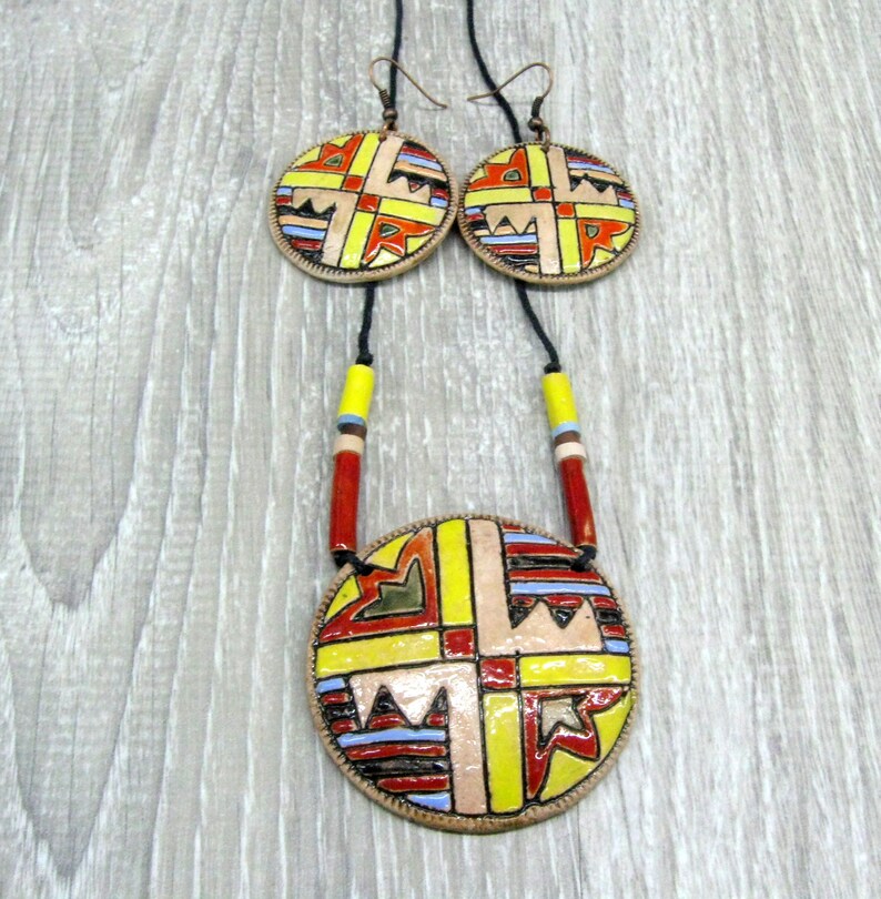 Ceramic jewelry Ethnic earrings and pendant Aztec inspired | Etsy