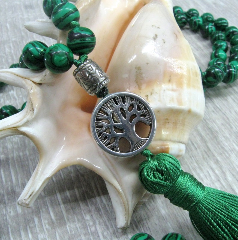 Green Malachite 108 Bead Mala Tree of Life Buddhist Mantra Prayer Beads ...