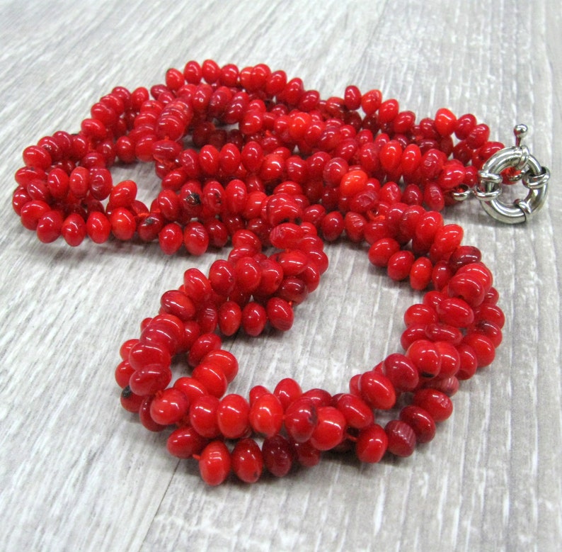 Natural Coral Necklace Red rondelle beads hand knotted multi | Etsy