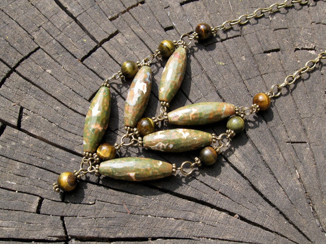 Forest Green Jasper Rustic Necklace Brass Chain Tiger's Eye Accents Rye ...