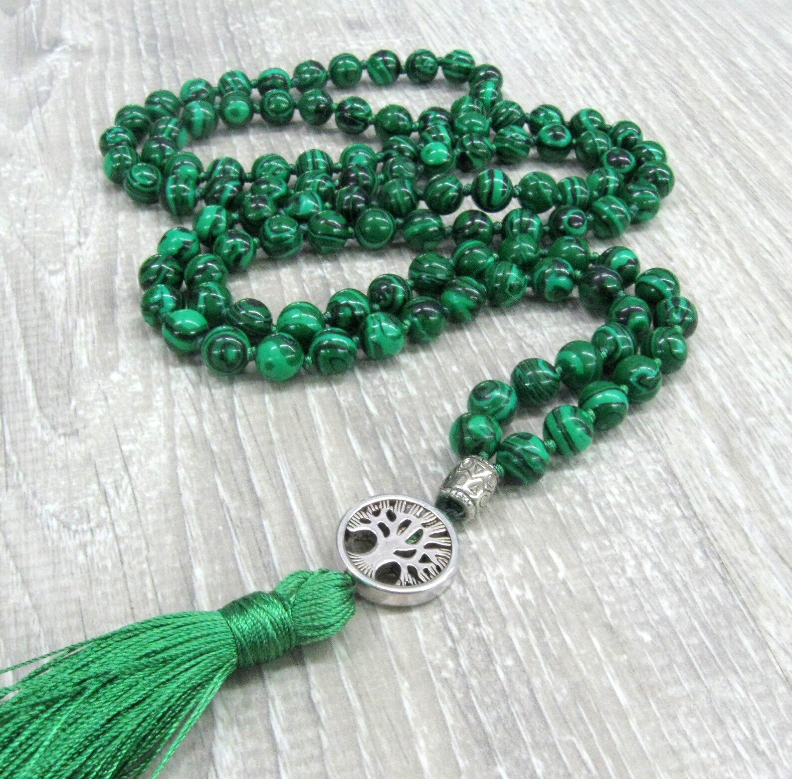 Green Malachite 108 Bead Mala Tree of Life Buddhist Mantra Prayer Beads ...