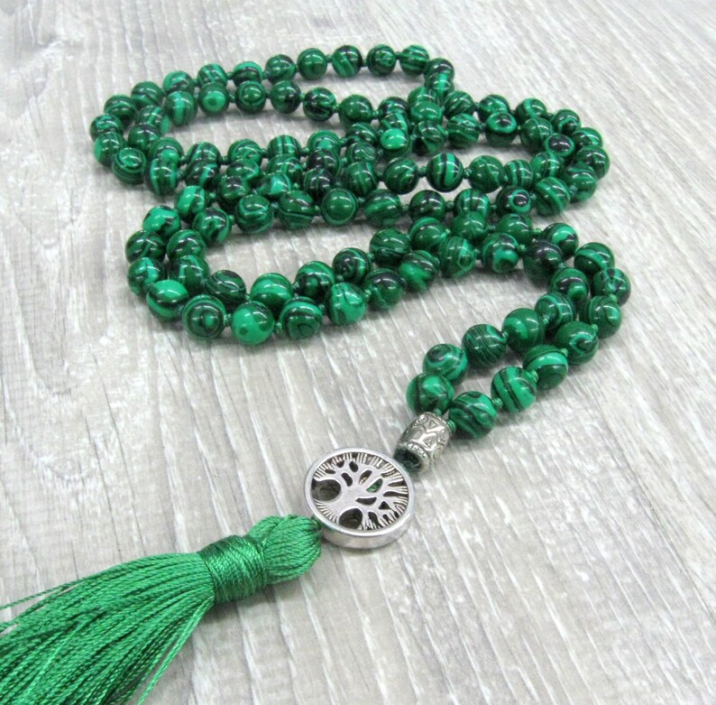 Green Malachite 108 Bead Mala Tree of Life Buddhist Mantra Prayer Beads ...