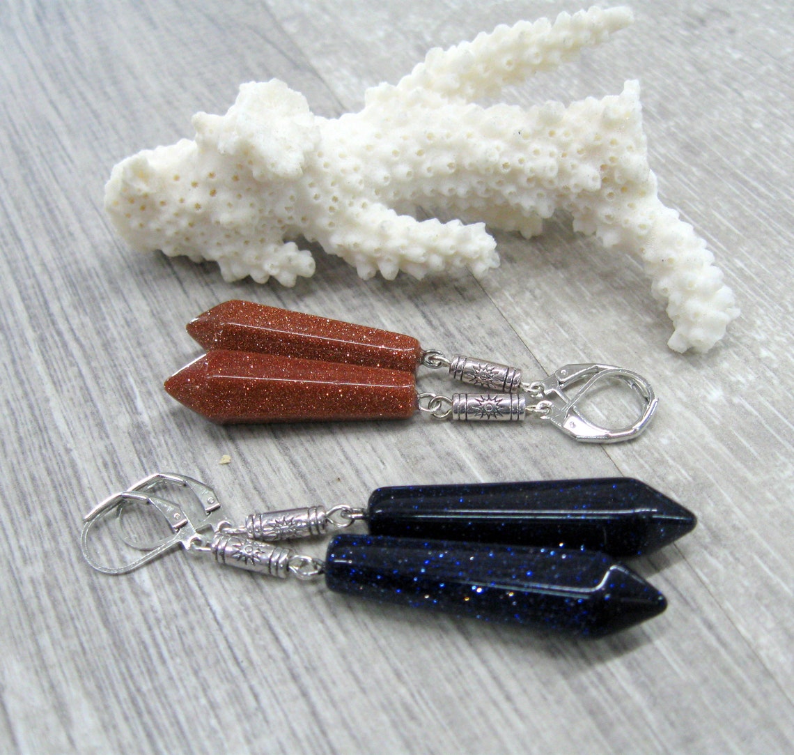 Sunstone Crystal Point Earrings Blue Sunstone Goldstone Long - Etsy ...