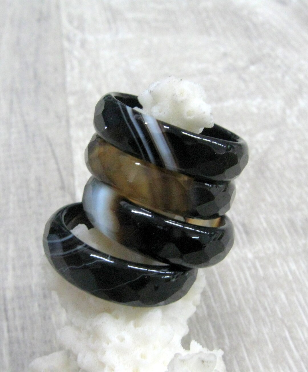 Black Banded Agate Faceted Rings Size Smal to Large 3.5 4 5 6 7 8 8.5 ...