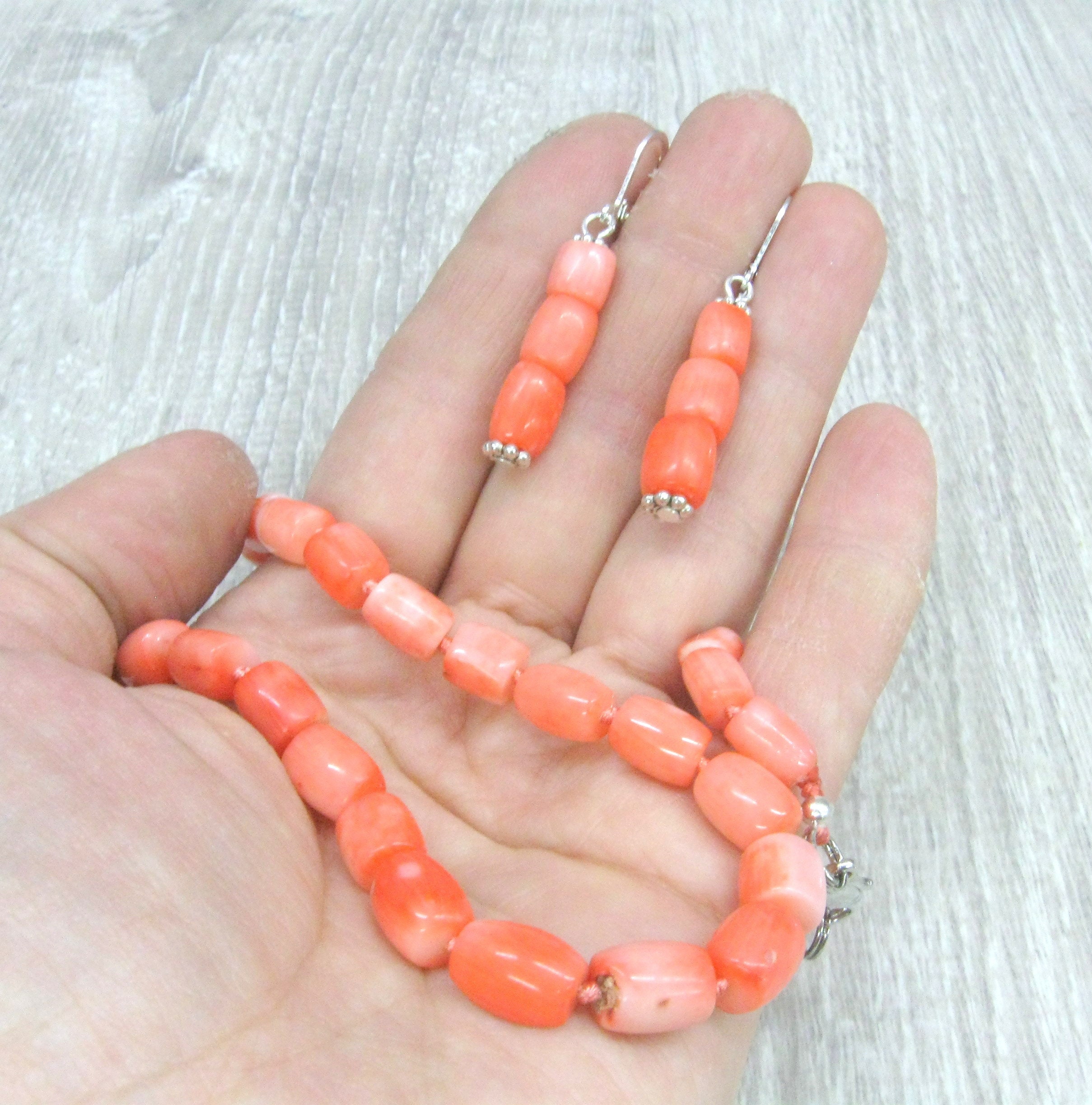 Roze koraal ketting oorbellen set vat vormige koraal kralen edelsteen ...