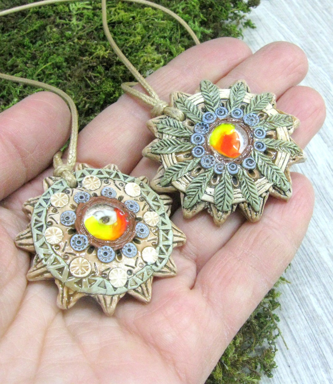 Sun Talisman Slavic Solar Symbol Jewelry Textured Ceramic Necklace ...