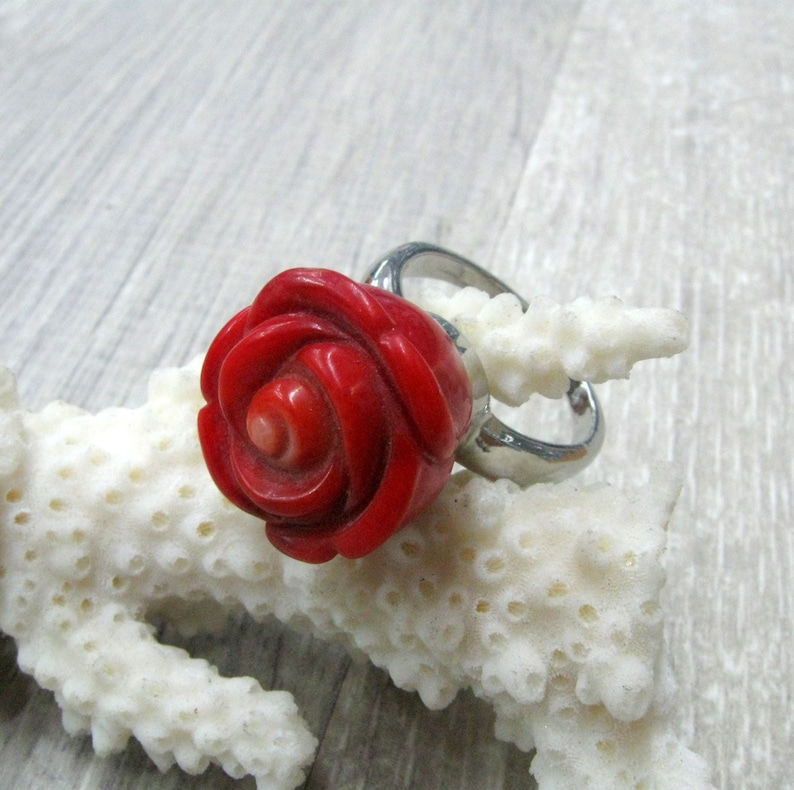 Red Coral Carved Rose Gemstone Ring Stone Flower Red Rose Ring - Etsy