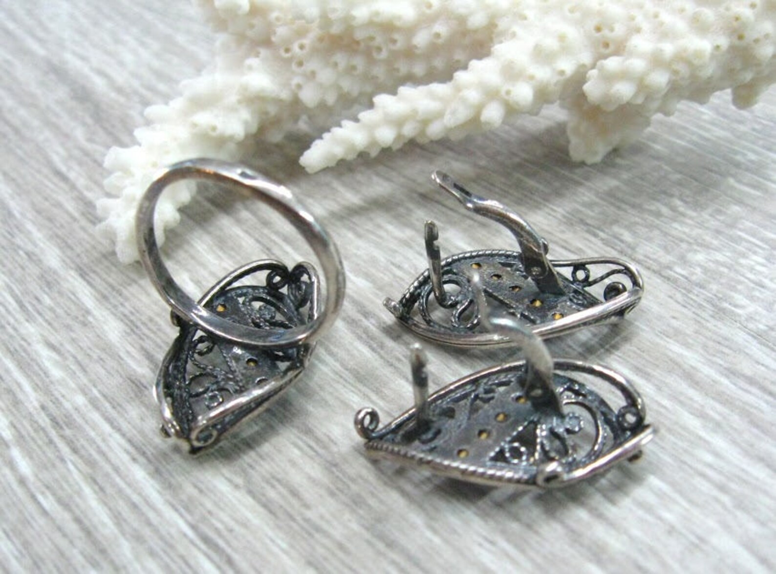 Russian Filigree Jewelry Set Ring Earrings Baby Blue Crystal - Etsy