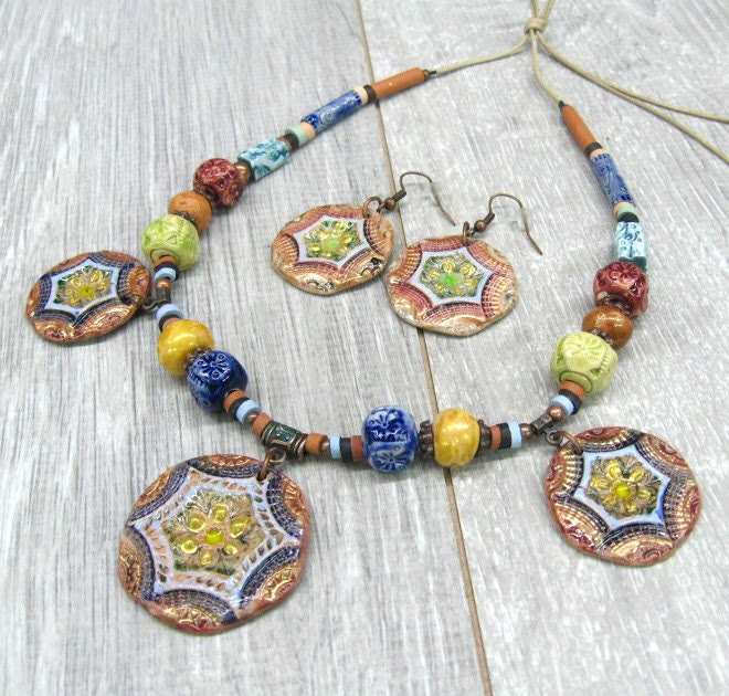 Artisan Ceramic Jewelry Set Disc Necklace and Round Earrings Boho Gypsy ...