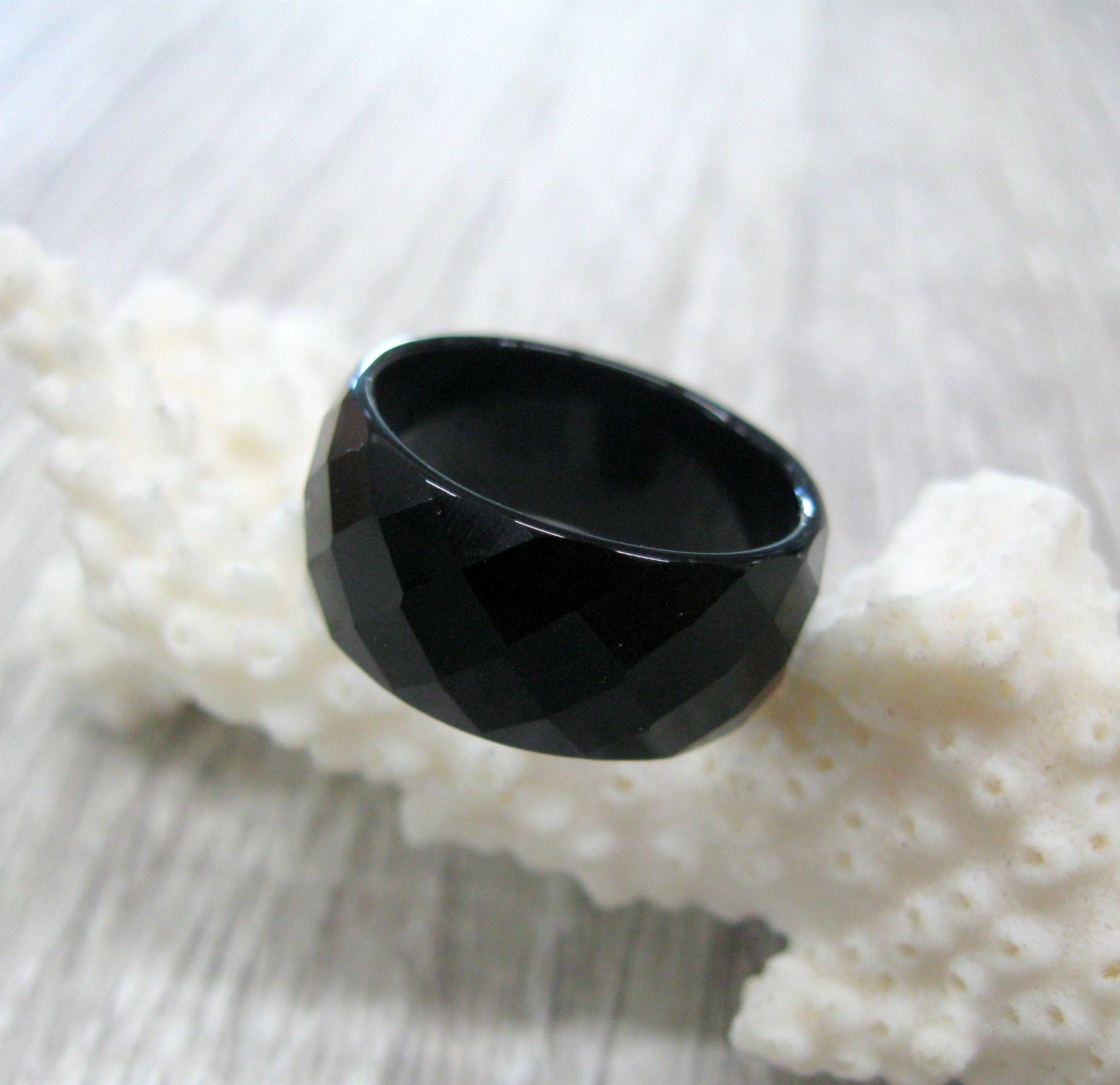 Black Onyx Ring Natural Solid Stone Faceted Band Size 6 7 8 9 10 11 12 ...