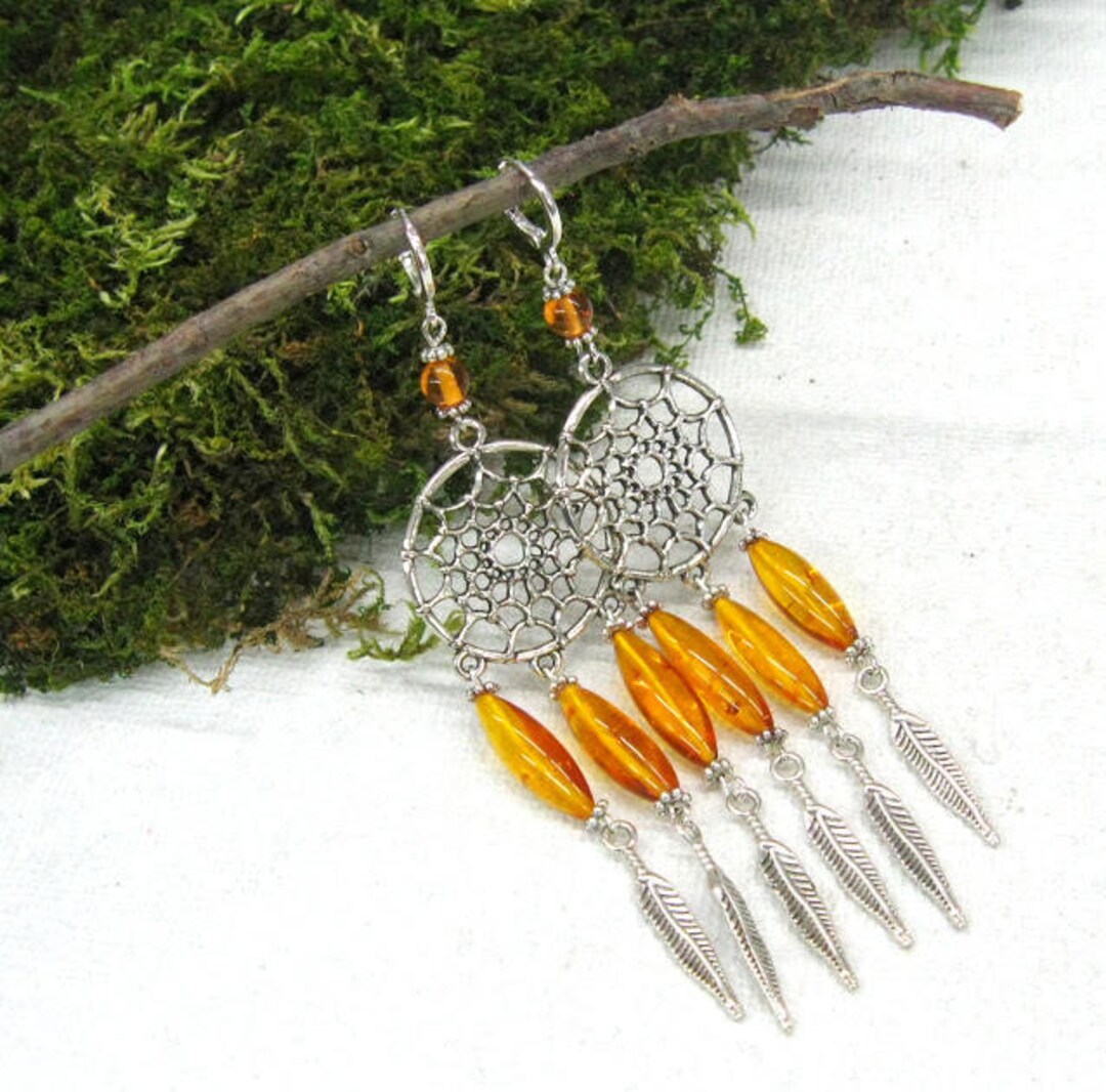 Natural Amber Dream Catcher Earrings, Extra Long 4.5 Inch Chandelier ...