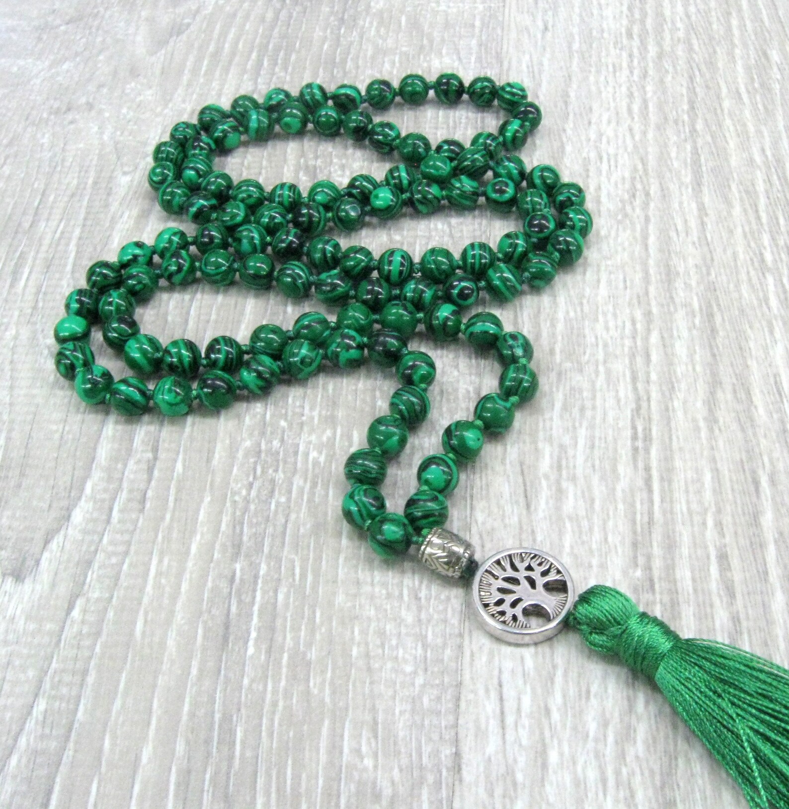 Green Malachite 108 Bead Mala Tree of Life Buddhist Mantra Prayer Beads ...