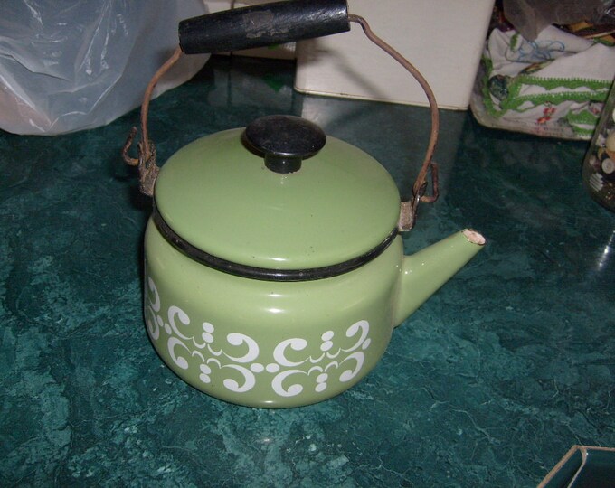 Vintage Antique GREEN GRANITE TEAPOT Kettle Graniteware Tea Pot Retro ...
