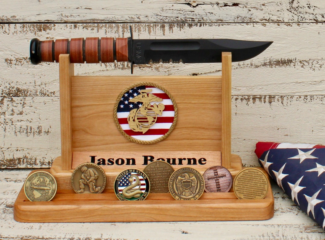 USMC Personalized Gift Wood Display Stand for Knife and Challenge Coin ...