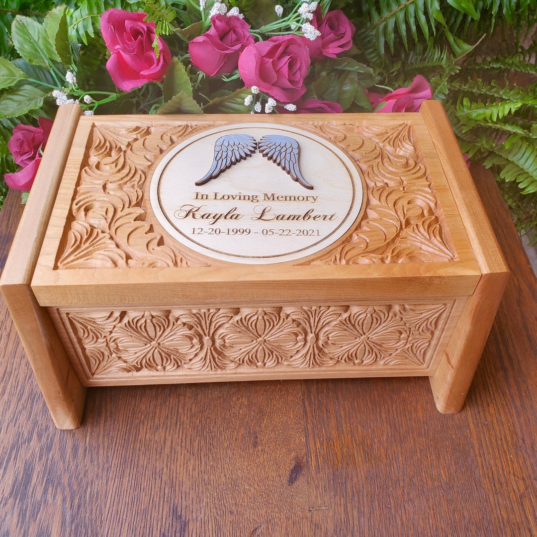 Handmade Cherry Wood Angel Wings Cremation Urn, Personalized Memorial ...