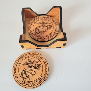 Marine Corps Round Drink Coaster Set of 4 With Caddy Holder, Cherry ...