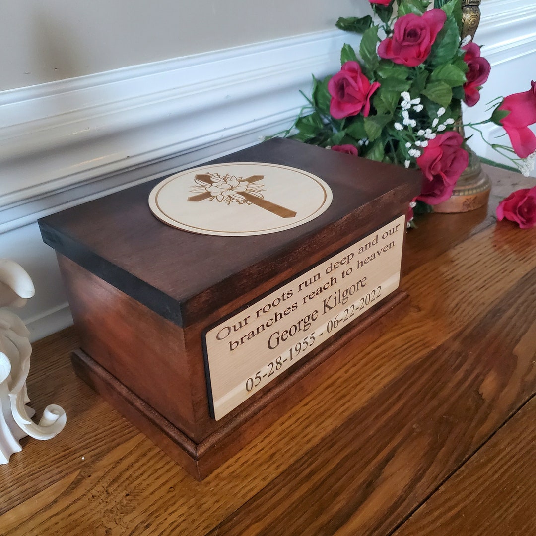 Floral Cross Cremation Urn for Human Ashes Personalized Christian Wood ...