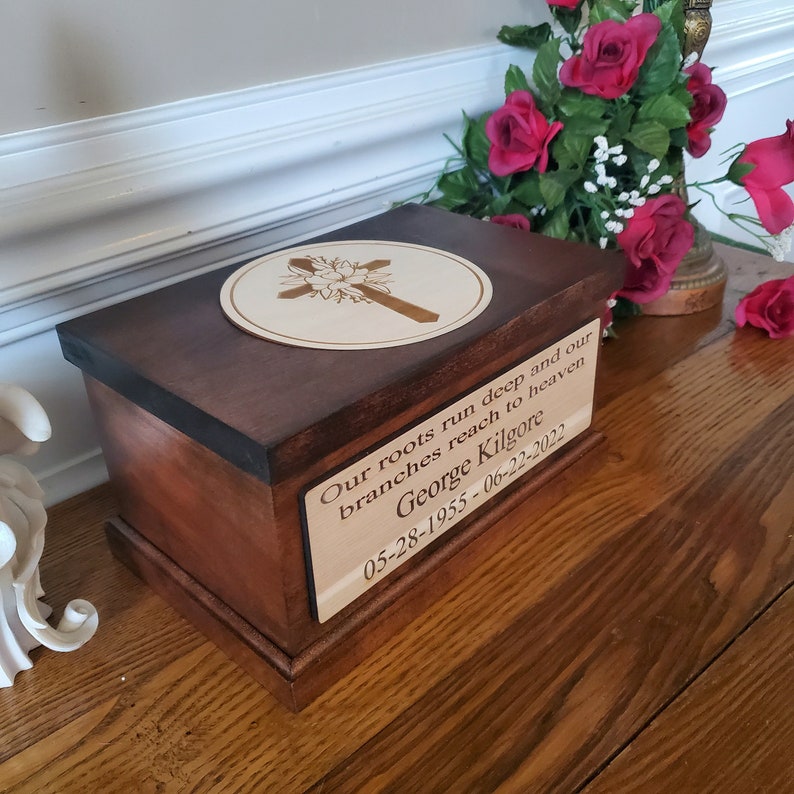 Floral Cross Cremation Urn – Personalized Cherry Wood Christian Burial ...