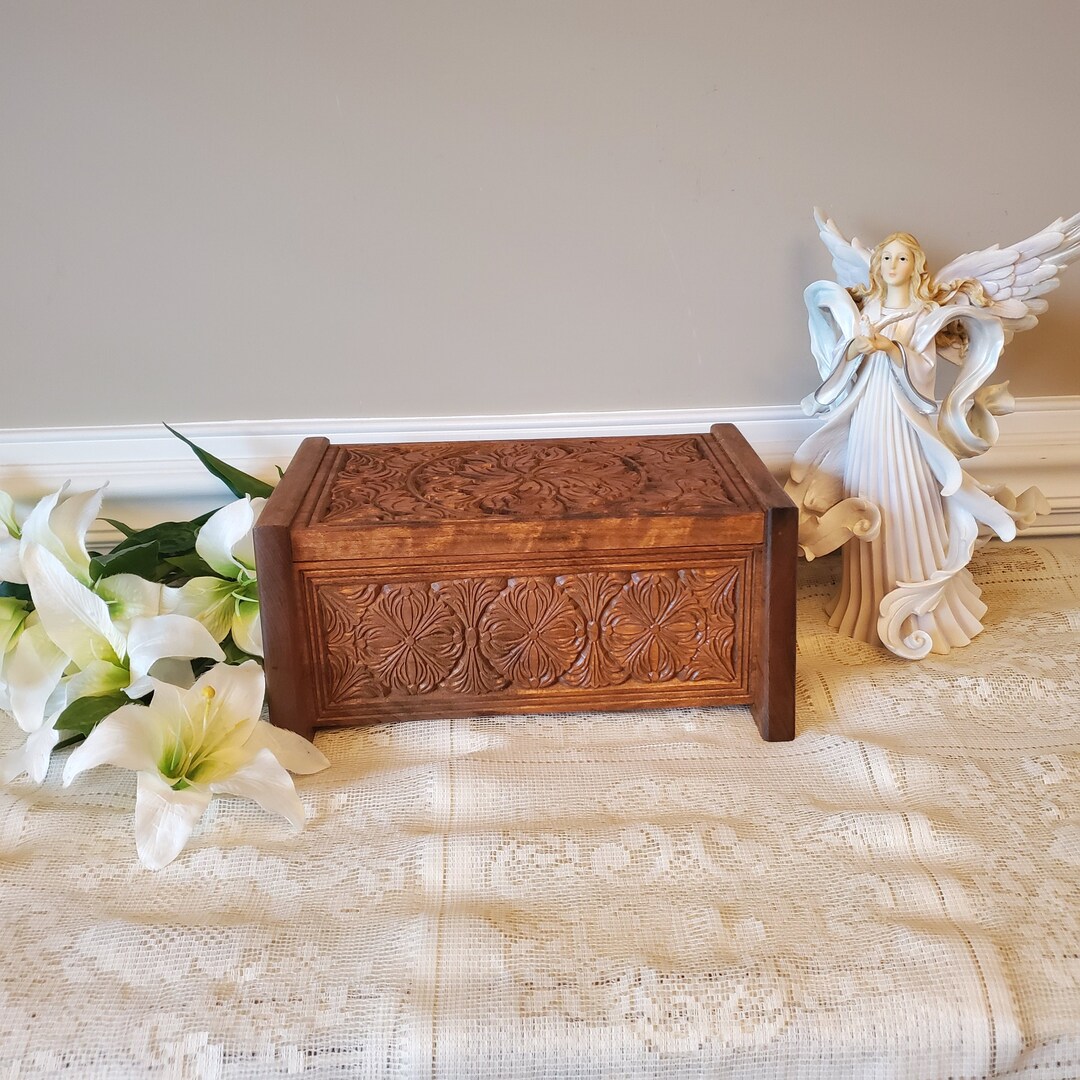 Handcrafted Solid Cherry Wood Cremation Urn Box With Detailed Carvings ...