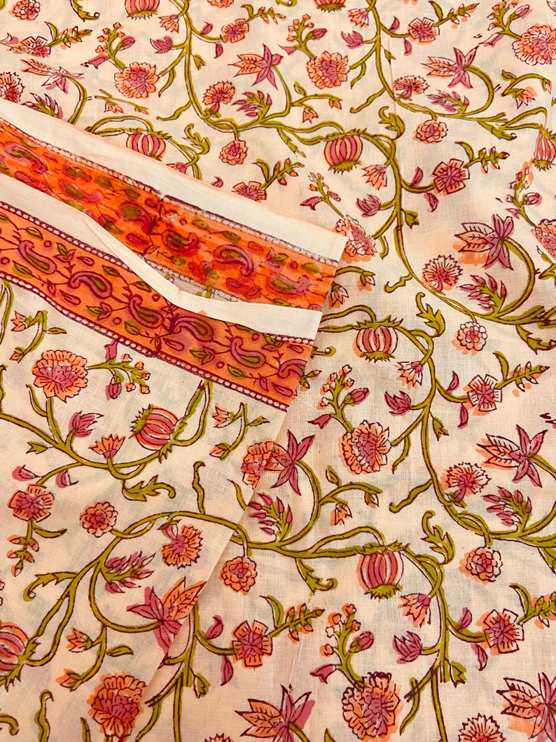 Orange Floral Indian Block Print Fabric, 100% Cotton Fabric ...