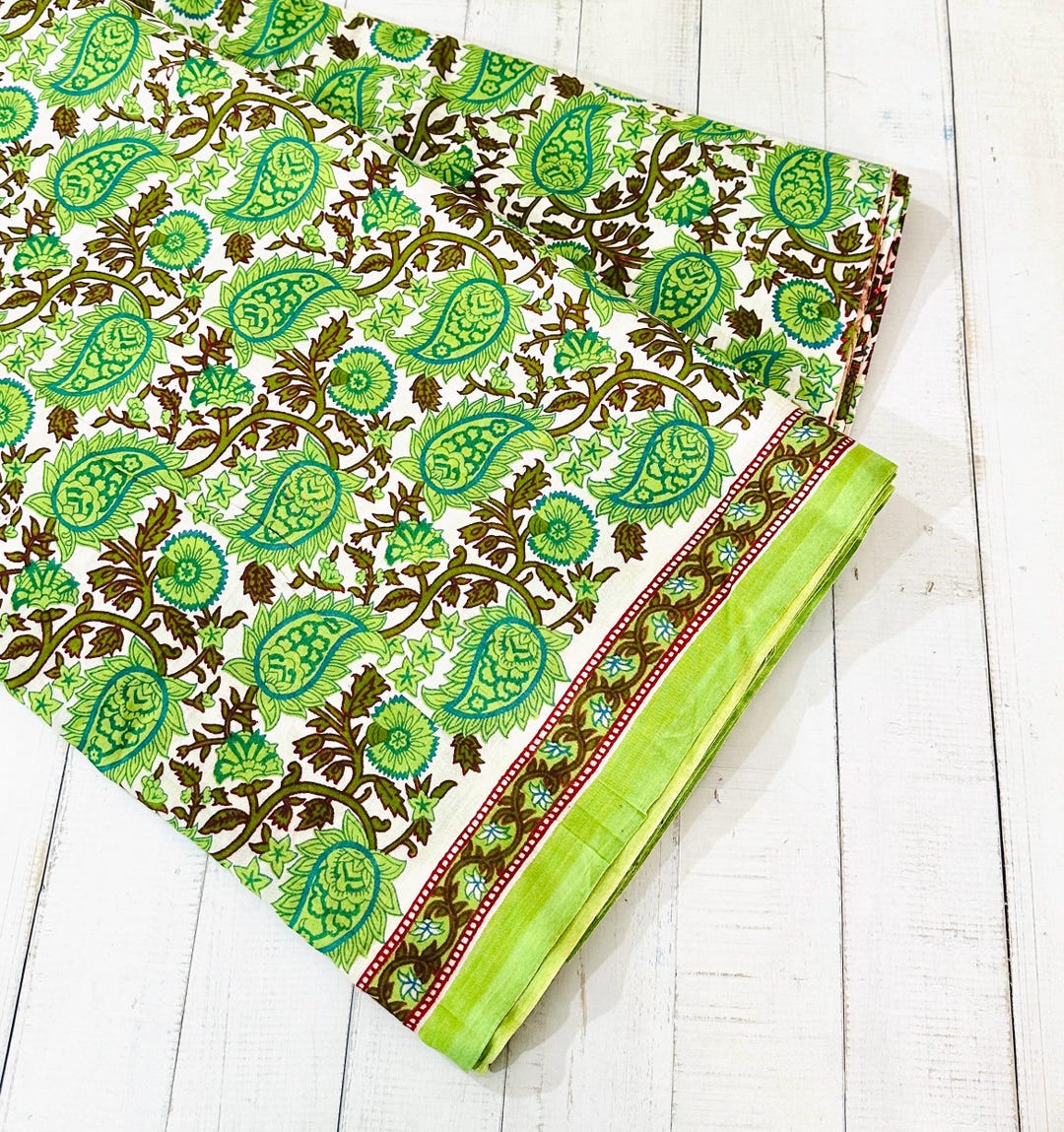 Green Paisley Soft Cotton Fabric: Indian Block Print, Lightweight ...